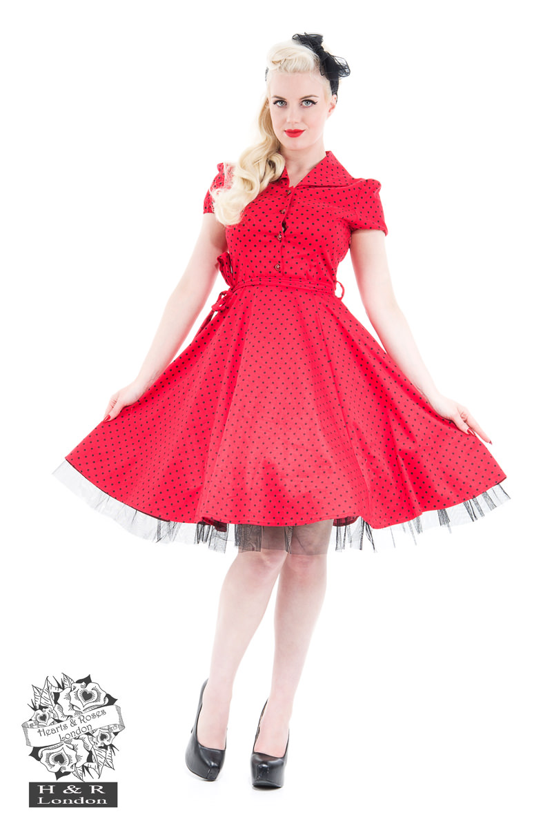 Red Black Small Polka Dot Tea Dress in Red/Black - Hearts & Roses London Red Black Small Polka Dot Tea Dress in Red/Black - Hearts & Roses London